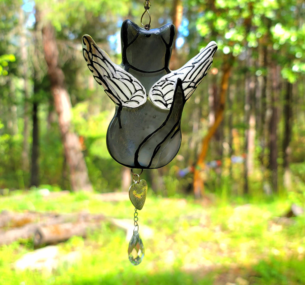 NEW Angel Kitty Cat Cremation Art Sun Catcher Ashes Infused Glass Memo ...
