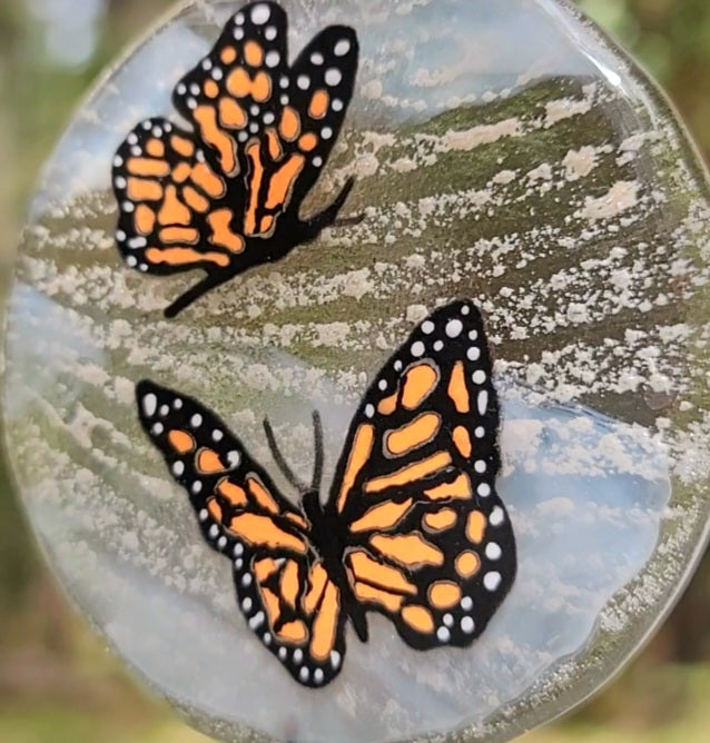 2 Monarch Butterflies Cremation Sun Catcher Ashes InFused Glass Art Me ...