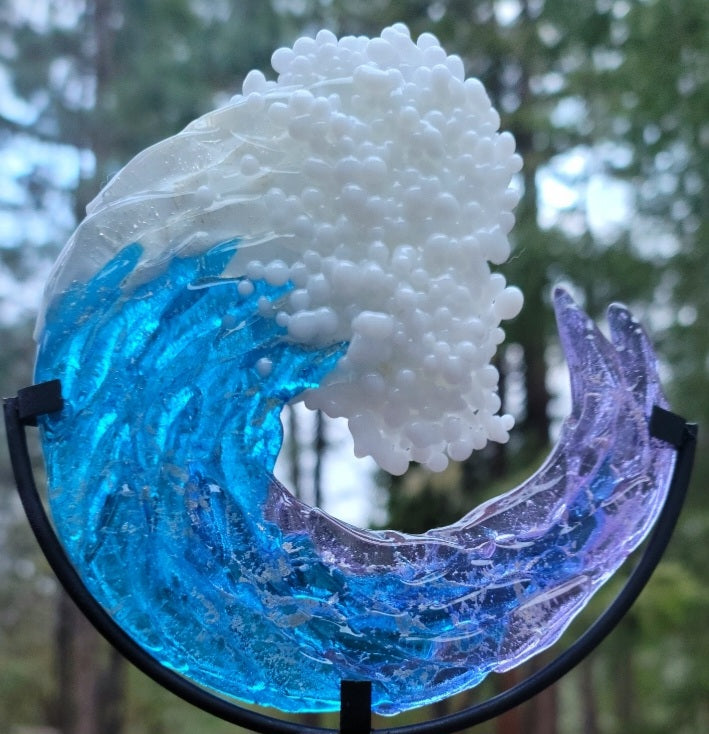 NEW 6 Inch Ashes InFused Glass Cremation Art 3D Ocean Wave Rod Iron Ta ...